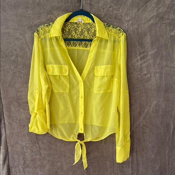 Candie's | Tops | Candies Vibrant Neon Yellow Tie Front Blouse Button ...